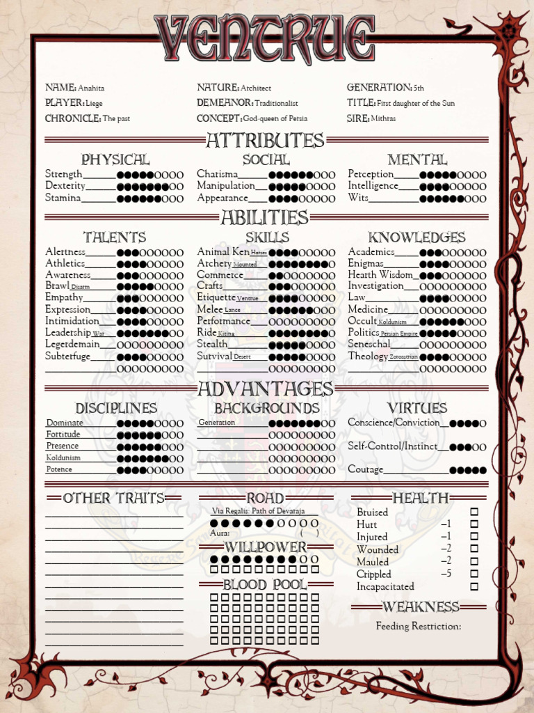 DAV 20 Elder Sheet: Anahita, Ventrue | PDF
