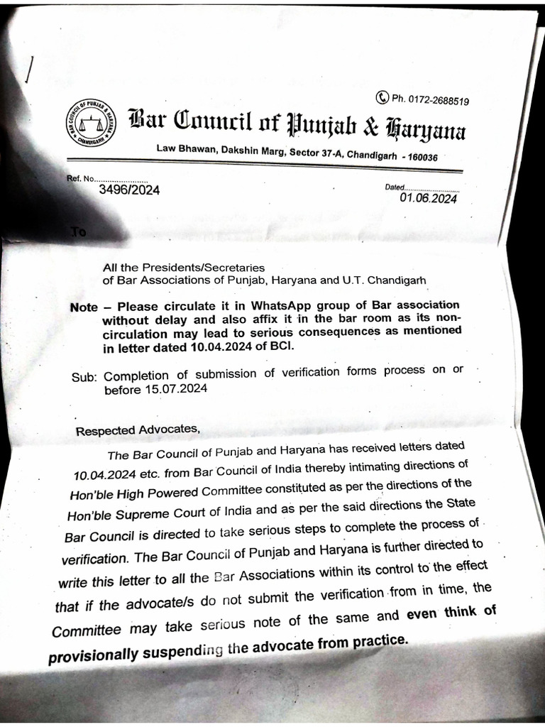Bar Council Letter Dated 1.6.2024 | PDF
