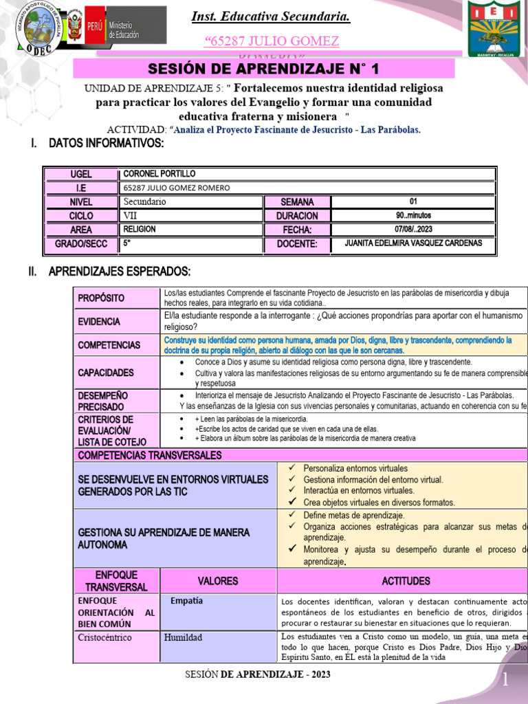 SESION RELIGION 5° SEC-SEMANA 01 UNI 5 | PDF | Maestros | Parábolas de Jesús