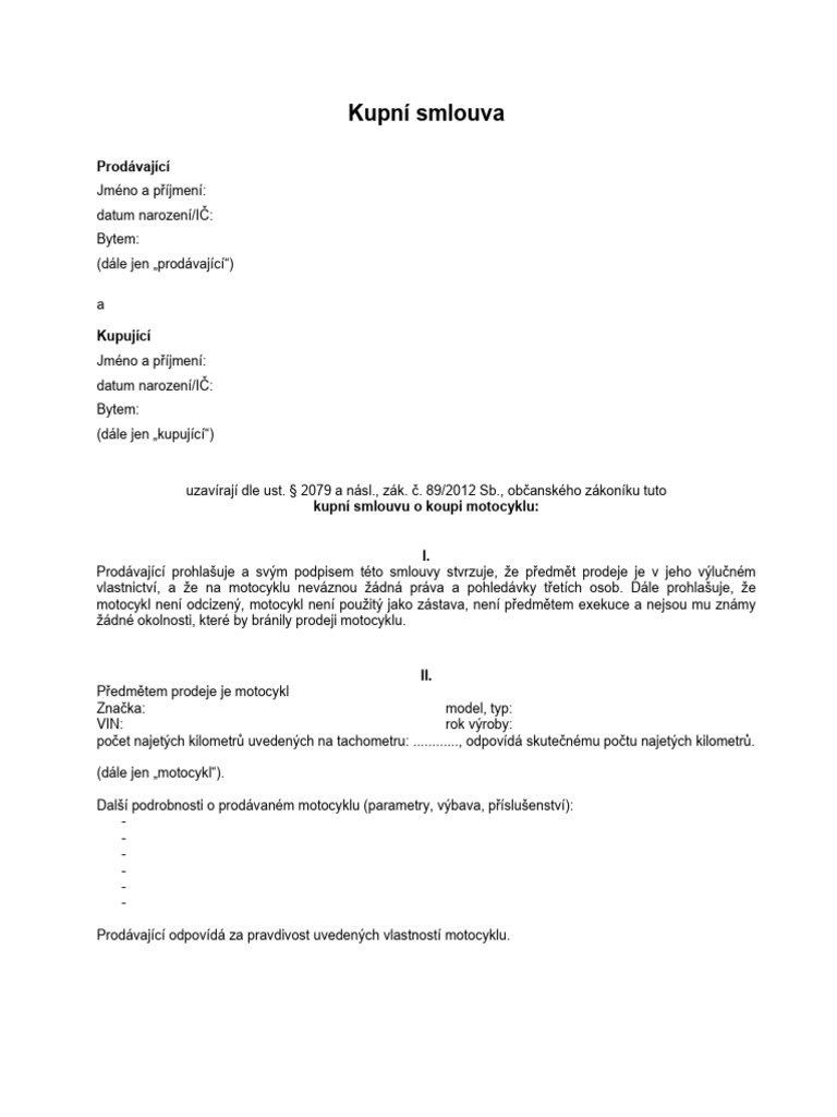 Kupni Smlouva Motocykl Cebia 2023 | PDF