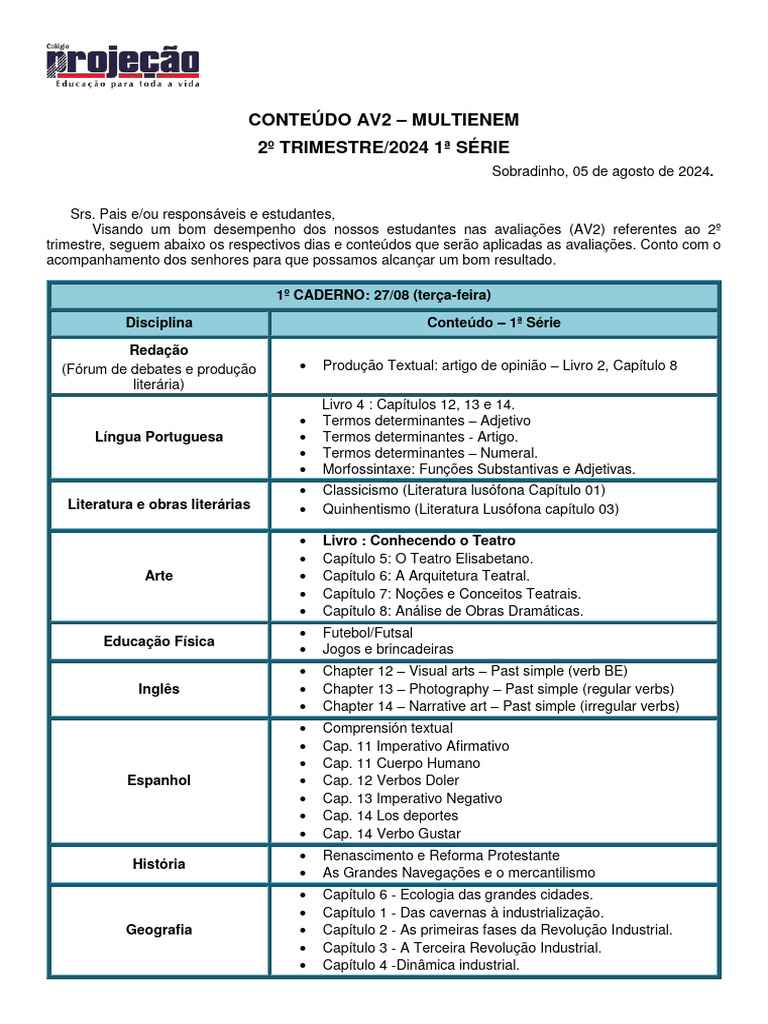 Conteúdo AV2 - MultiENEM 1 SÉRIE - 2º Trimestre 2024 | PDF | Célula (Biologia) | Geometria