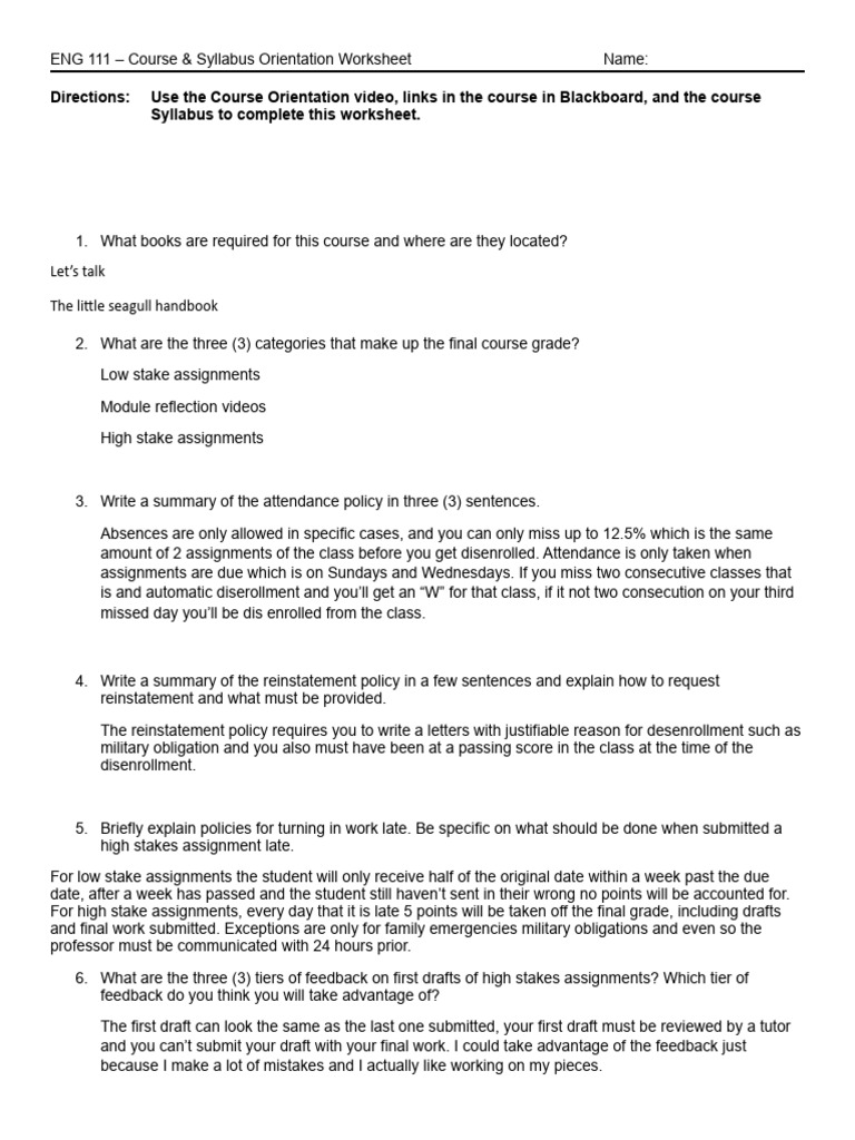 Course and Syllbus Orientation Worksheet | PDF | Plagiarism