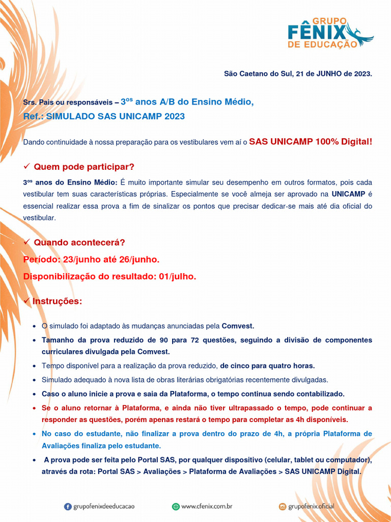 Cir.02.44-23 - SIMULADO SAS UNICAMP 2023 - 3os. Anos A e B | PDF