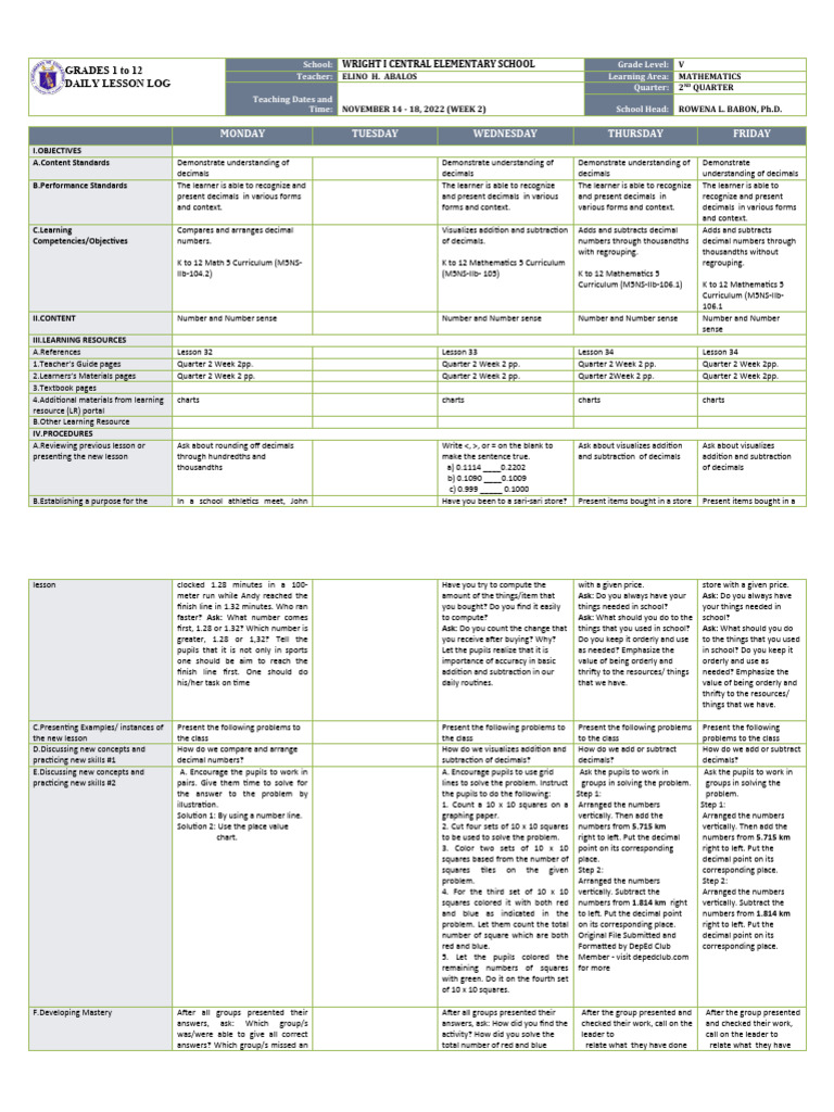 Grade 5 Math Lesson on Decimals | PDF | Differentiated Instruction ...