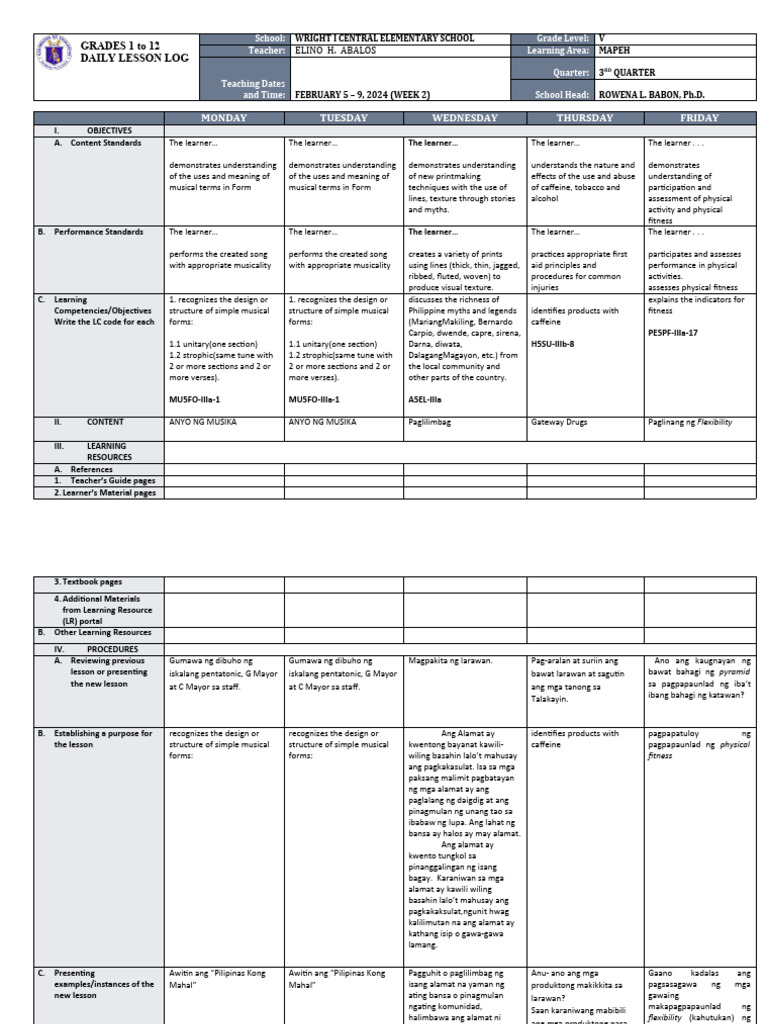 DLL - Mapeh 5 - Q3 - W2 | PDF