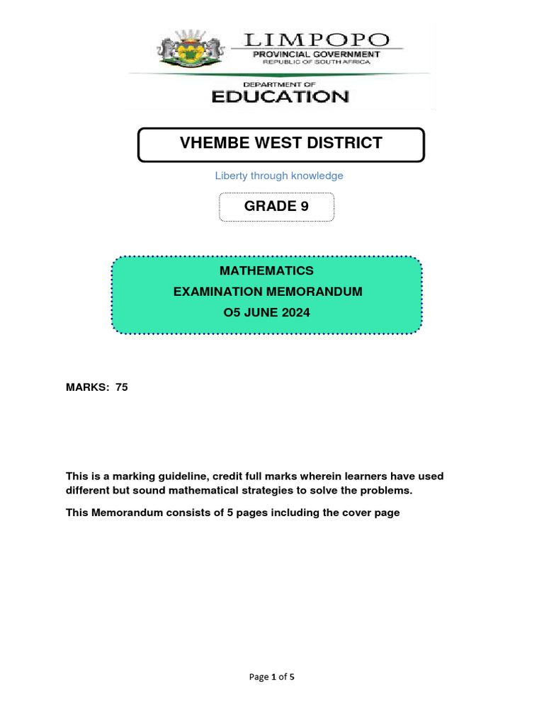 2024 Term 2 Math GR 9 Exam Memo | PDF | Algebra | Equations
