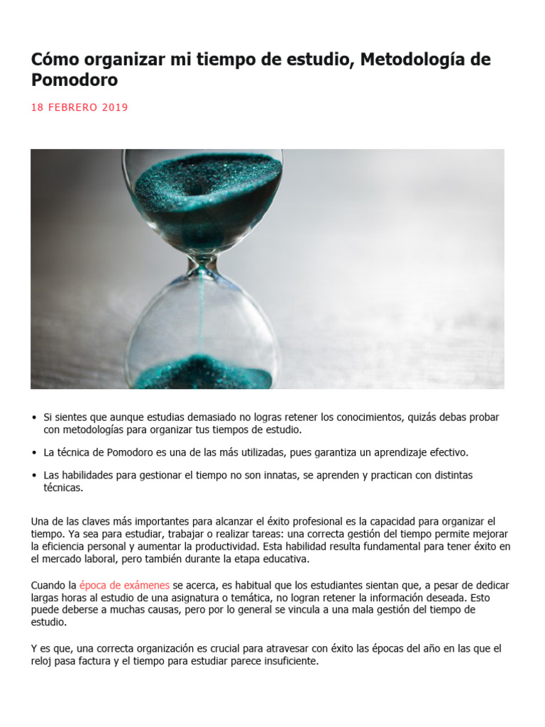 Cómo Organizar Mi Tiempo de Estudio, Metodología de Pomodoro | PDF | Gestión del tiempo ...