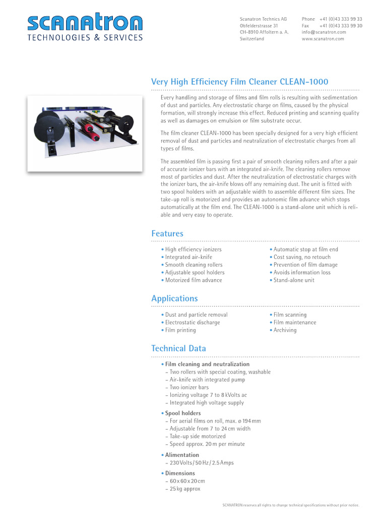 Scanatron Filmcleaner en | PDF | Electricity | Electrical Engineering
