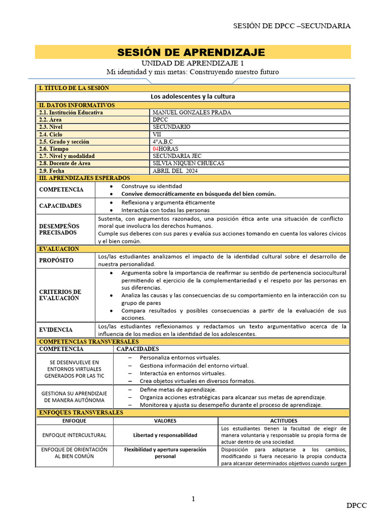 4º Ses Act 4 - DPCC 2024 | PDF | Aprendizaje | Maestros