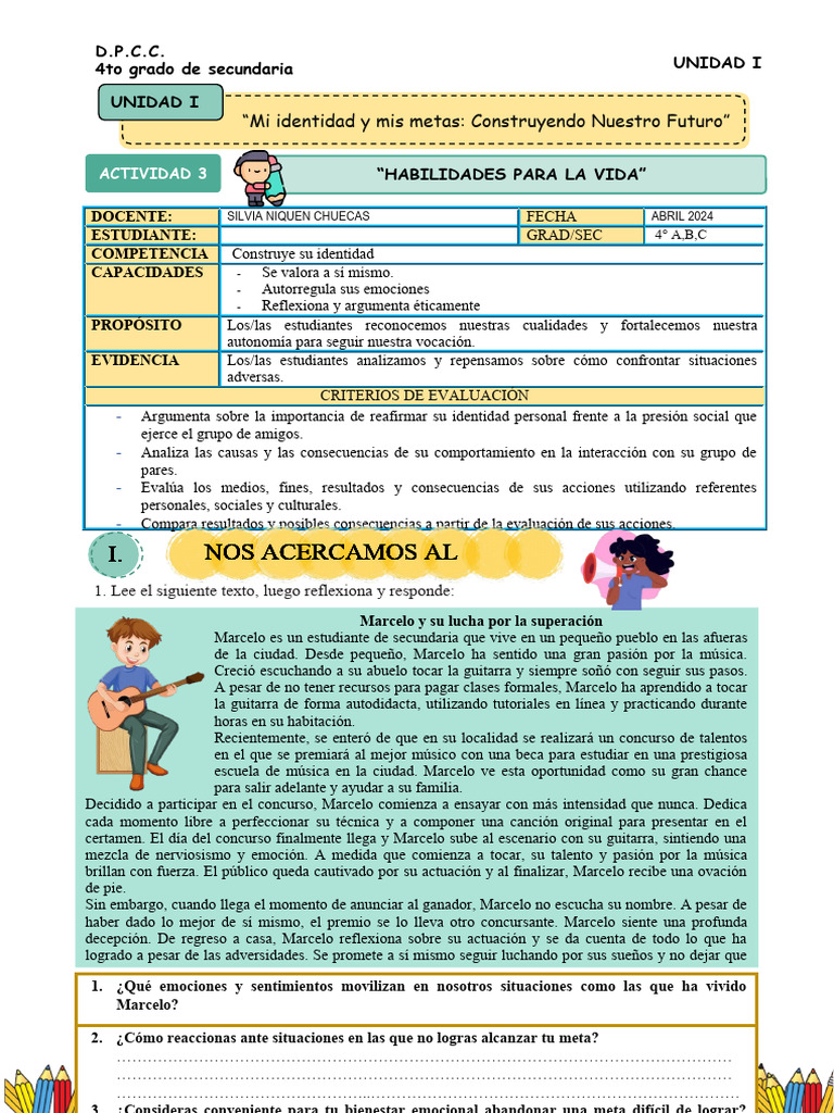 4° DPCC -ACTV.03-UNI.1 2024 | PDF | Autoestima | Conceptos psicologicos