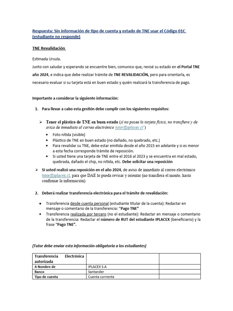 TNE Revalidación - Sin Información - Cuenta y Estado de TNE - Usar - Código - 01C | PDF ...