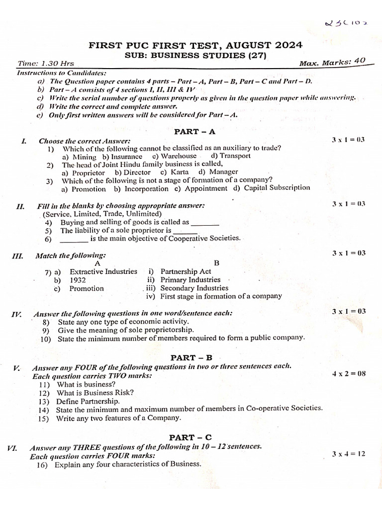 Mysore 1st Pu Bs 40marks | PDF