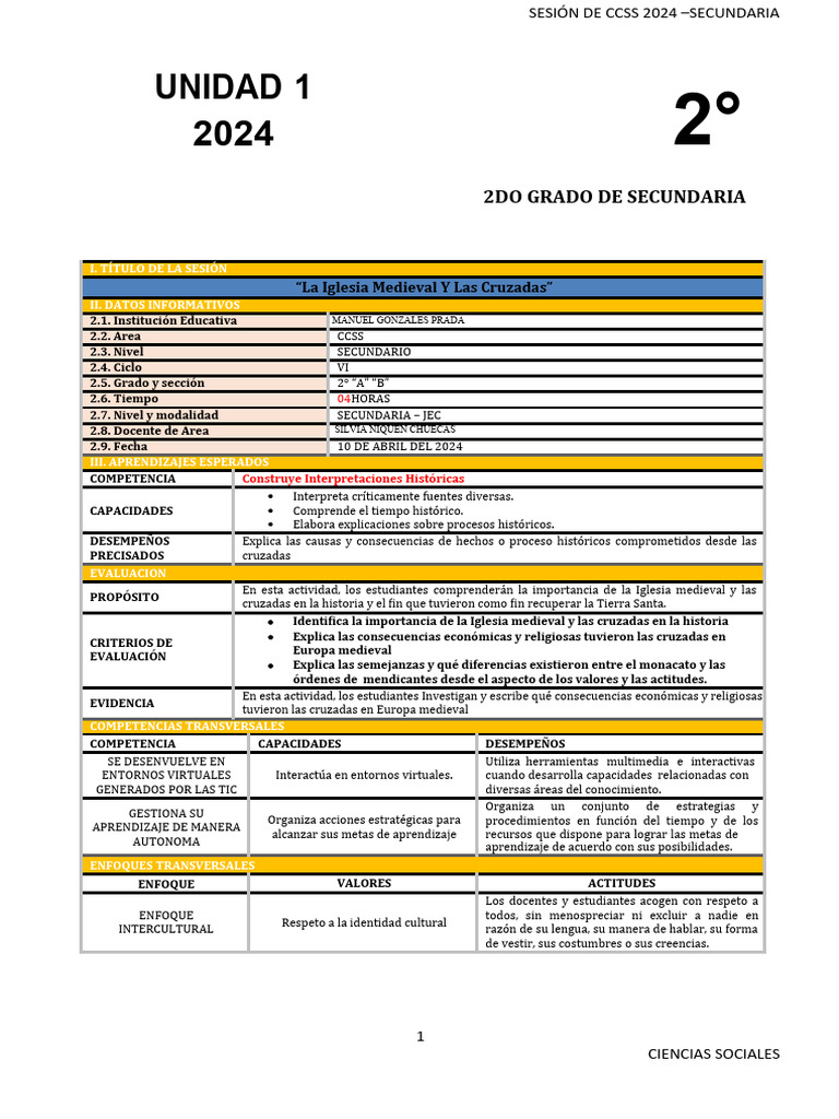 2º Sesiones Sem 3 Uni 1 - Ccss 2024 | PDF | Enseñando | Aprendizaje