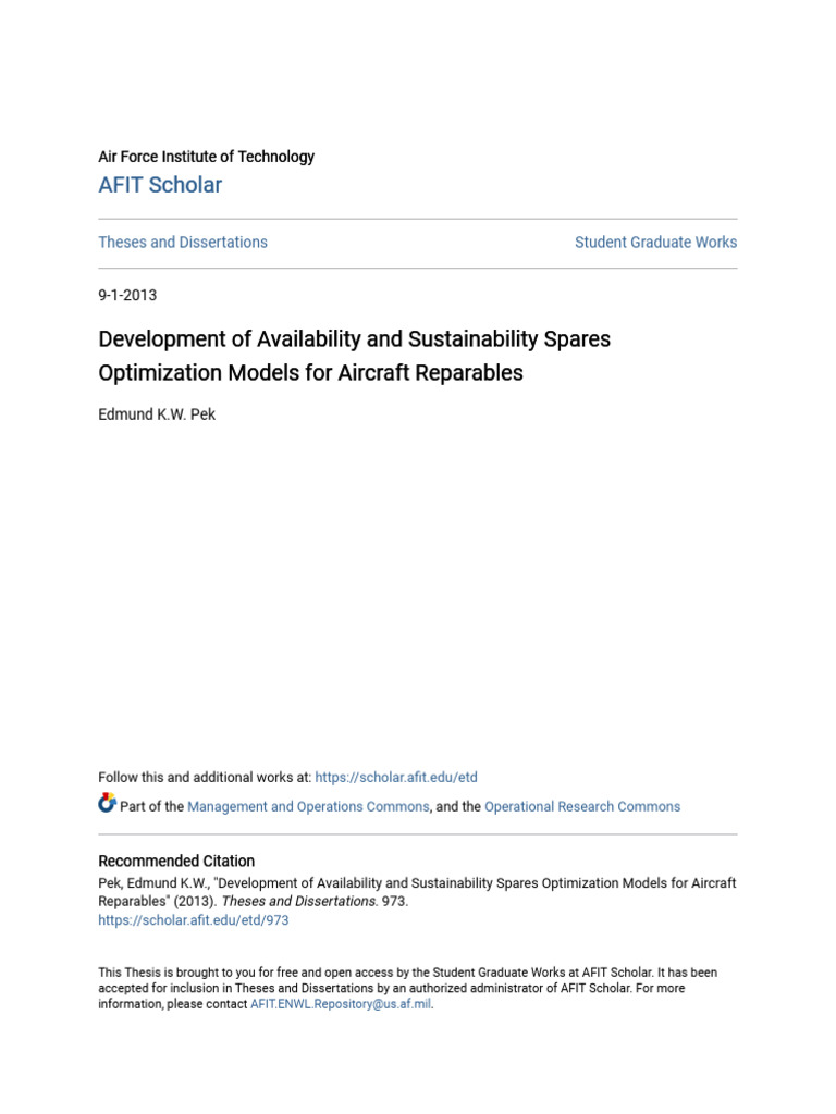 Development of Availability and Sustainability Spares Optimization Models For Aircraft ...