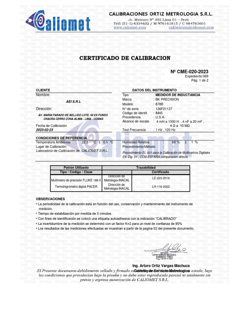 CERT CALIB #CME-020-2023 Medidor de Inductancia BK Precision Ok | PDF ...