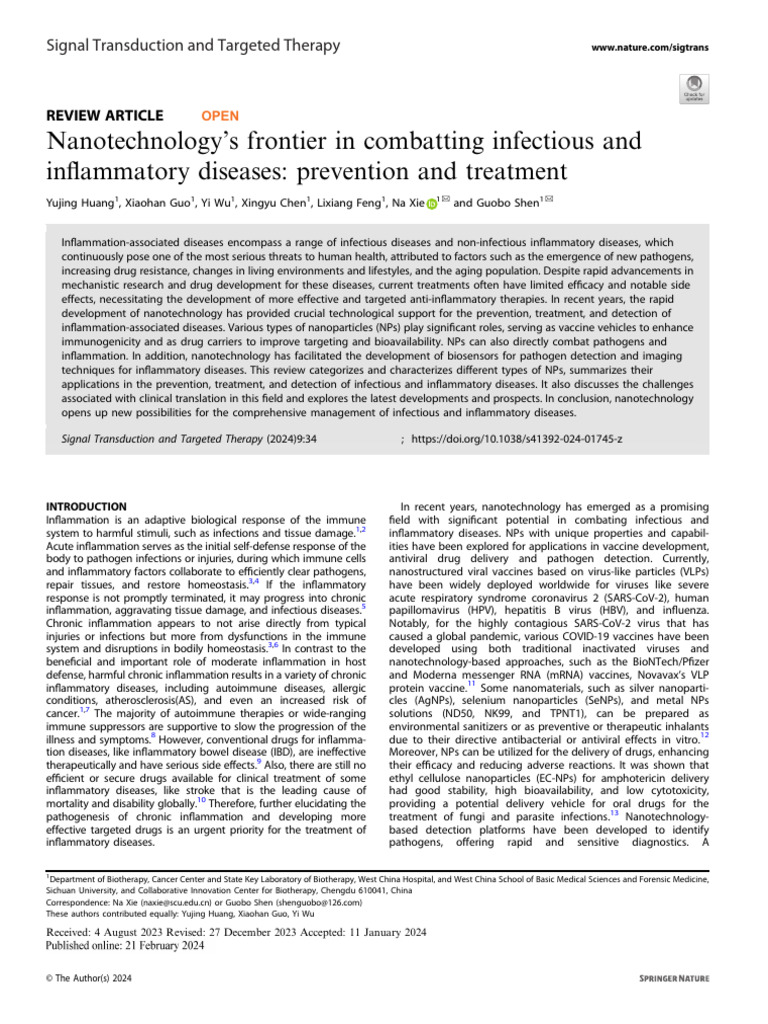 Nanotechnology 'S Frontier in Combatting Infectious and in Ammatory Diseases: Prevention and ...