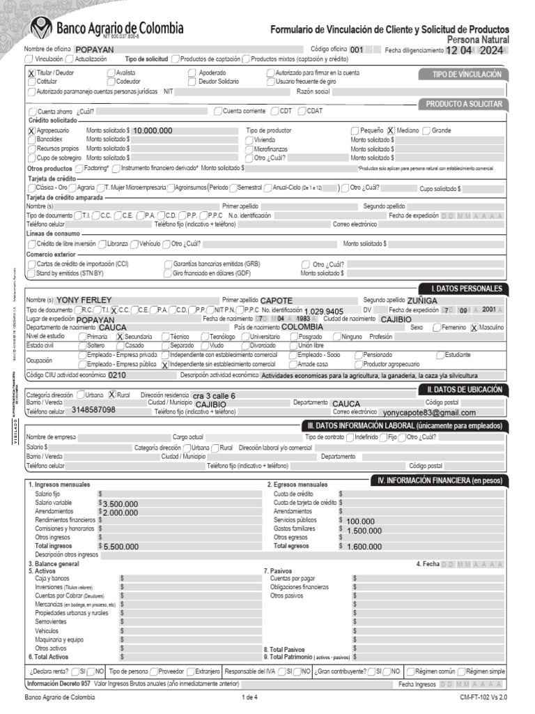 Formulario - Vinculacion - Cliente - Solicitud - Productos - PN MAYERLY ...