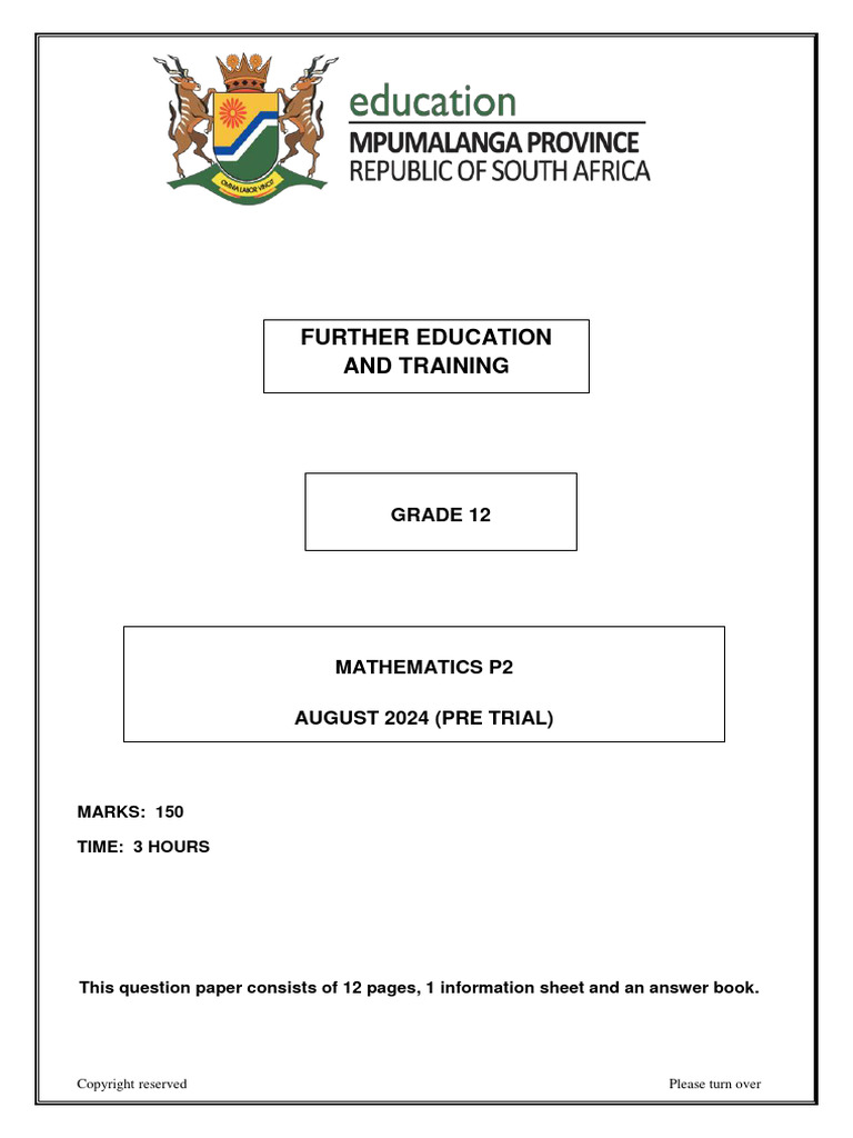 Pre - Trial Mathematics p2 (August 2024) | PDF | Circle | Area