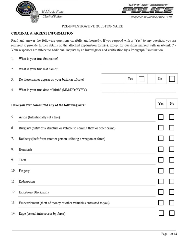 Hemet Police Pre Investigative Questionnaire | PDF | Arrest | Drugs