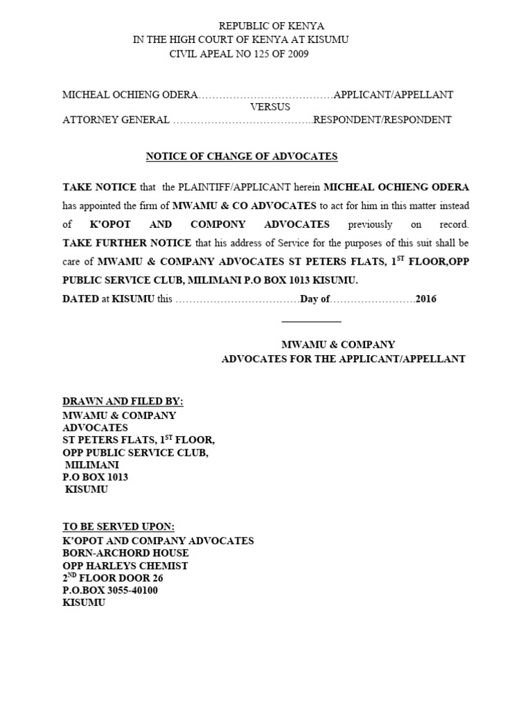 Notice of Change of Advocates in Kisumu | PDF