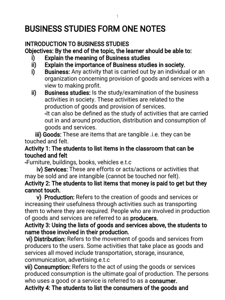 Business Studies Notes Form 1-4 | PDF