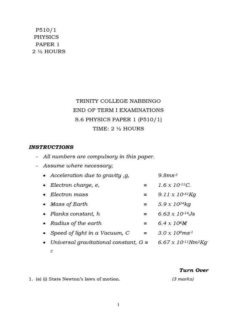 S6 Physics Paper 1 End of Term 1 | PDF | Electron | Orbit