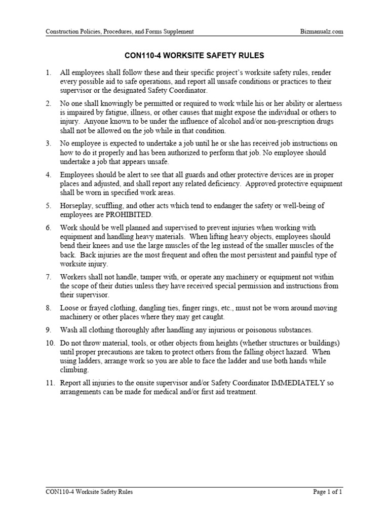 CON110 4 Worksite Safety Rules | PDF | Personal Protective Equipment ...
