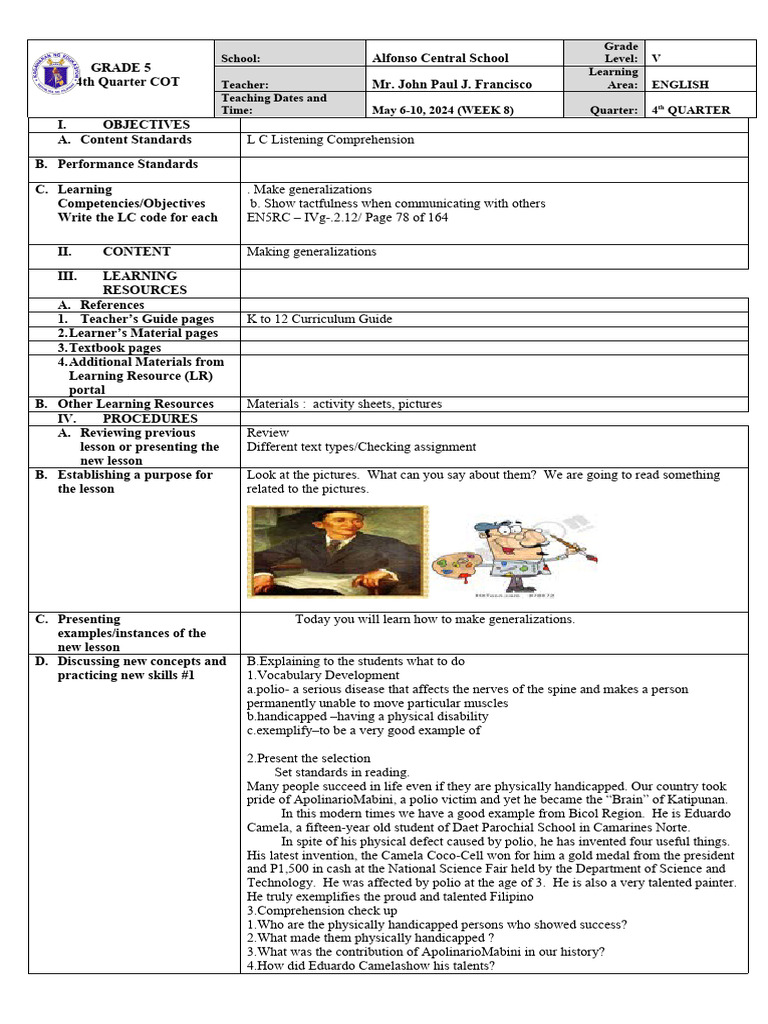 COT - 4th Quarter leSSON pLAN eNGLISH | PDF | Learning | Differentiated Instruction