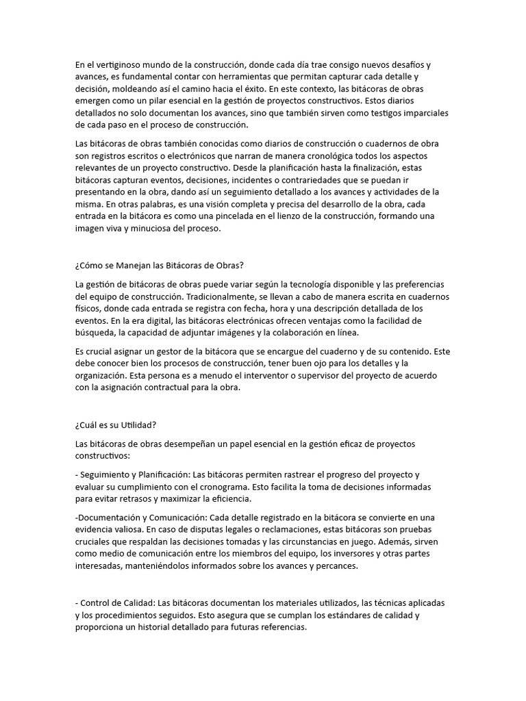 Importancia de las Bitácoras de Obras | PDF | Blog | Planificación