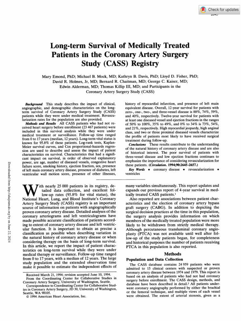 Emond Et Al 1994 Long Term Survival of Medically Treated Patients in The Coronary Artery Surgery ...