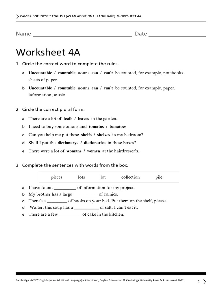 Igcse Eal 1ed TR Worksheets Unit4 | PDF | Noun | English Language
