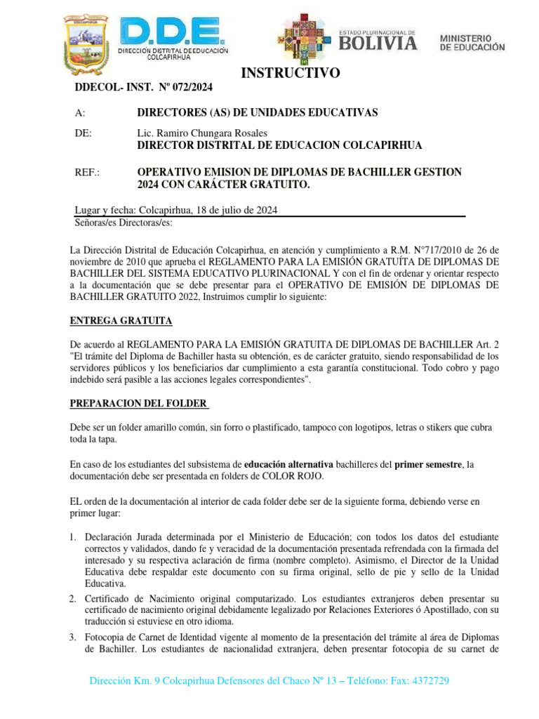 Inst 0072 2024 Operativo Emision de Diplomas de Bachiller Gestion 2024 Con Caracter Gratuito ...