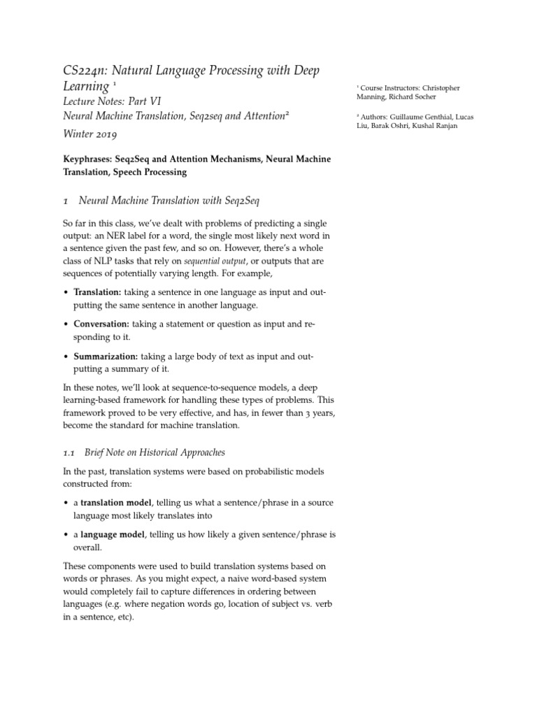 Neural Machine Translation Seq2seq And Attention Pdf Deep Learning Linguistics 