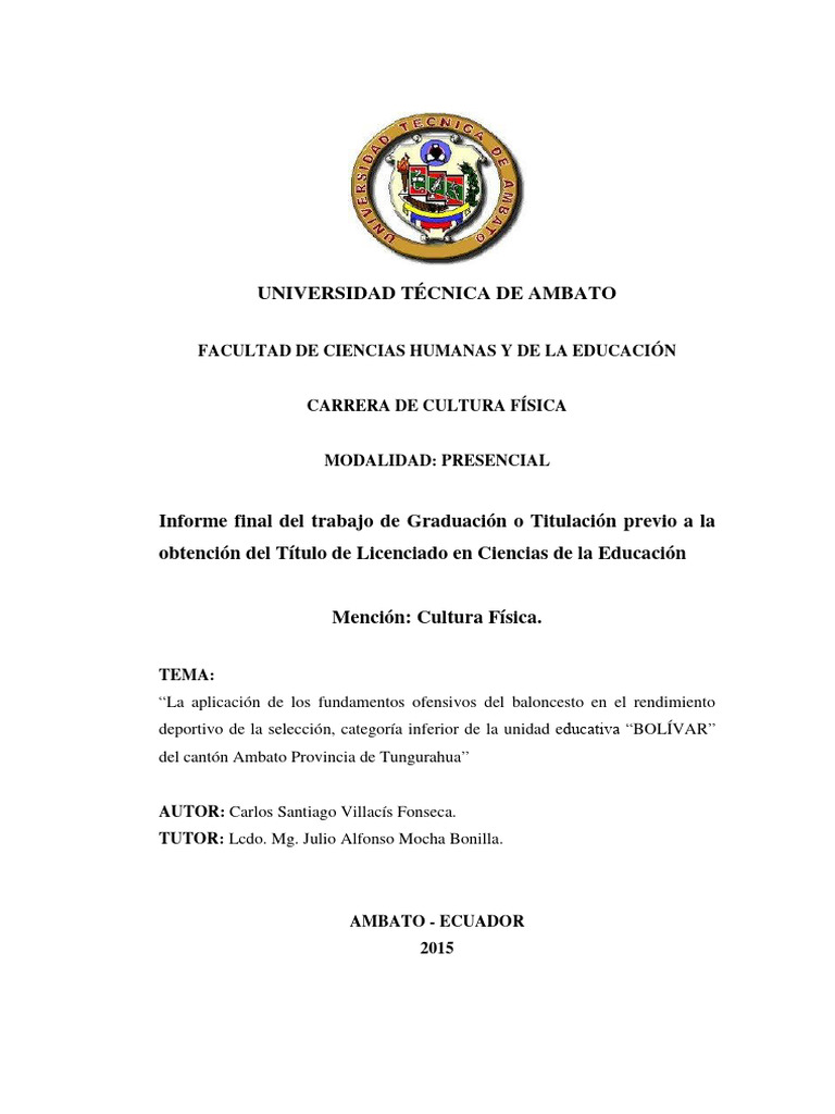 Sr. Santiago Villacís Tesis Baloncesto | PDF | Deportes | Enseñando Sr. Santiago Villacís Tesis Baloncesto | PDF | Deportes | Enseñando