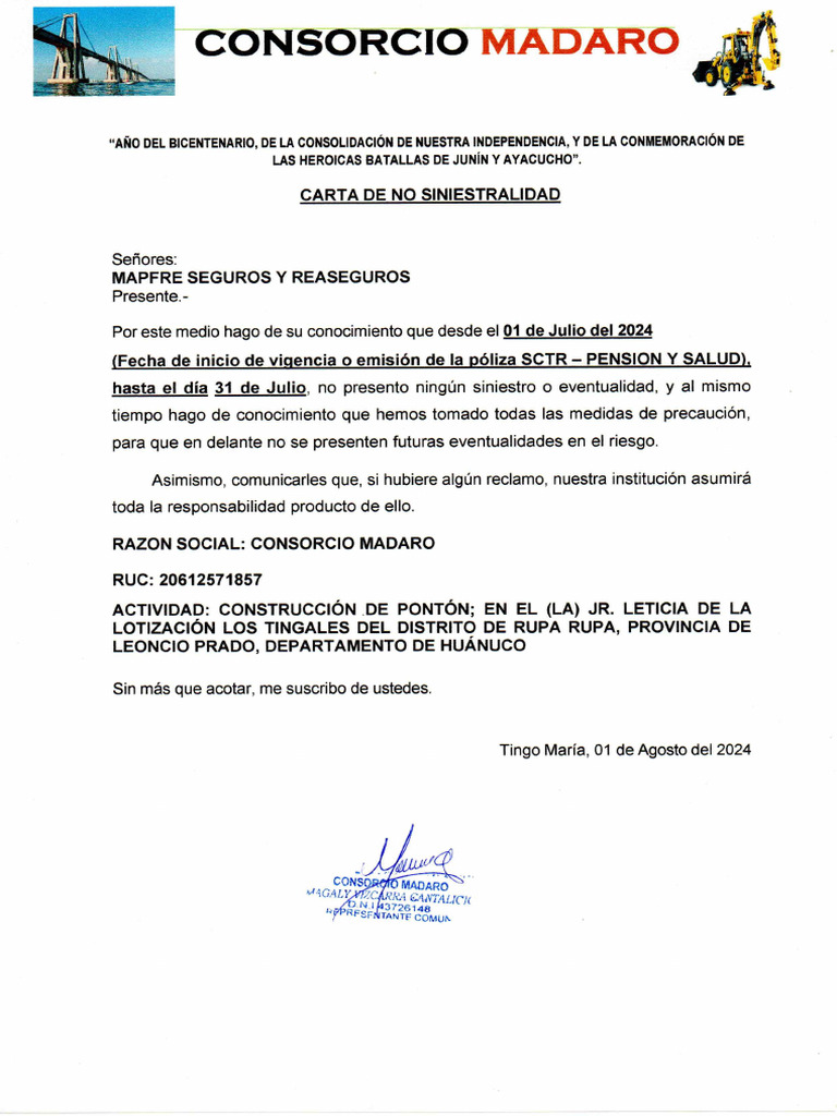 Carta de No Siniestralidad | PDF