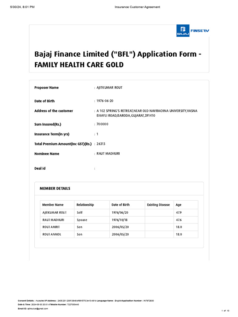 Bajaj Finance Limited ("BFL") Application Form - Family Health Care Gold | PDF | Insurance ...