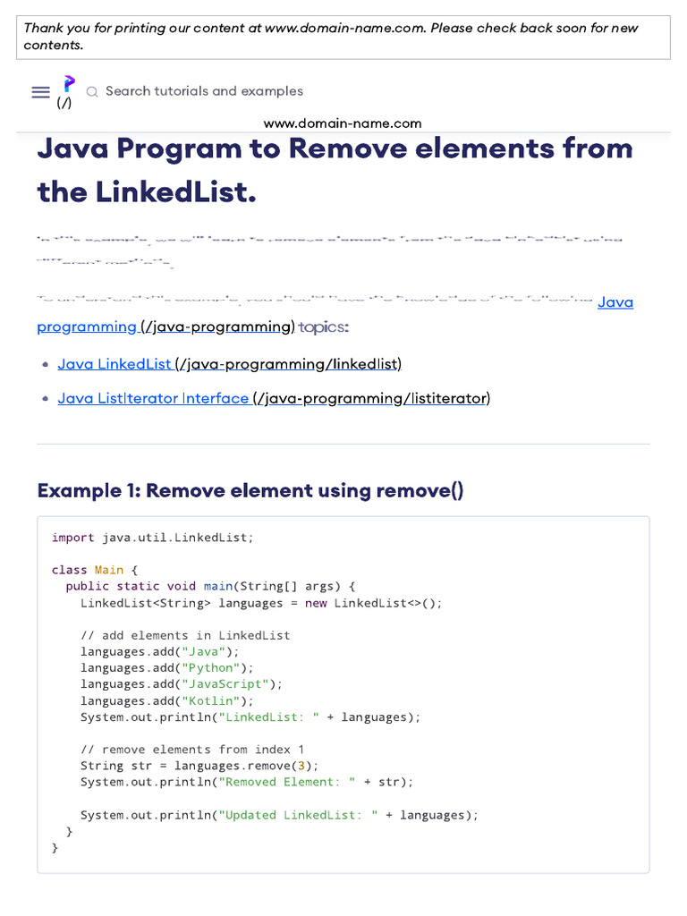 Java Program To Remove Elements From The LinkedList | PDF