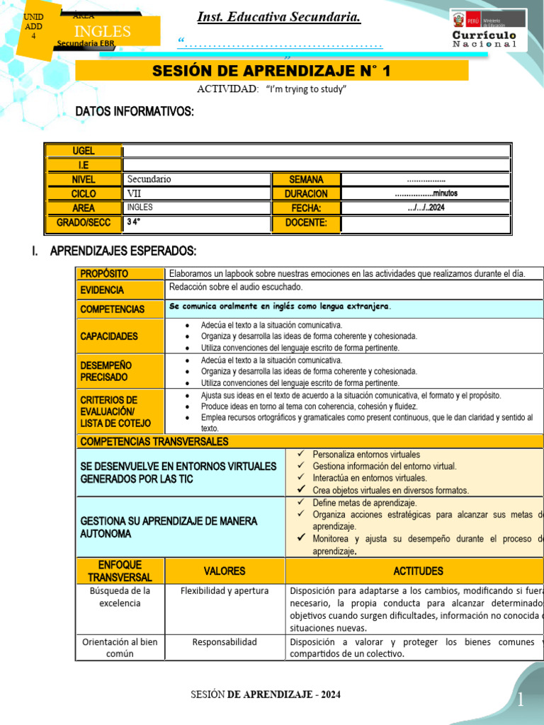 3° 4°-Ses Act 01-Inlgles-U4 | PDF | Aprendizaje | Ciencia cognitiva