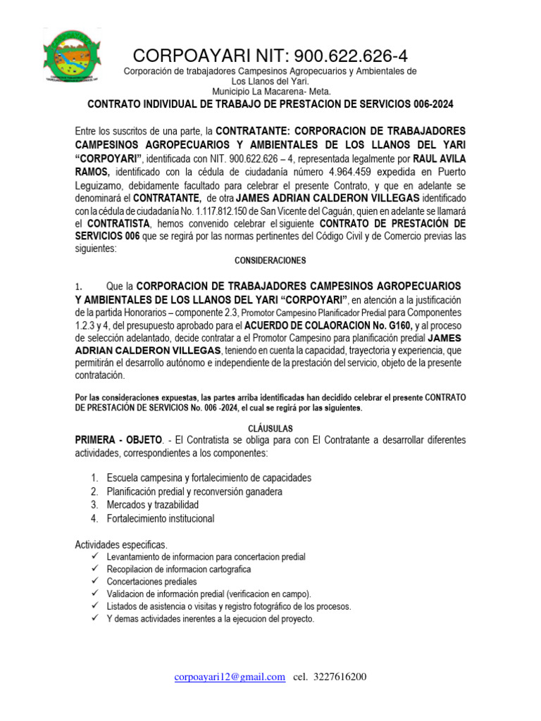 Contrato P.S. James Calderon | PDF | Derecho laboral | Póliza de seguros