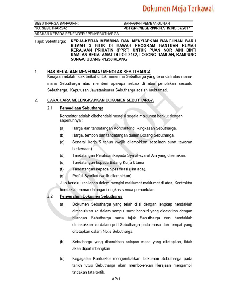 Sebutharga Bahagian: Bahagian Pembangunan No. Sebutharga: PDTK/PF ...