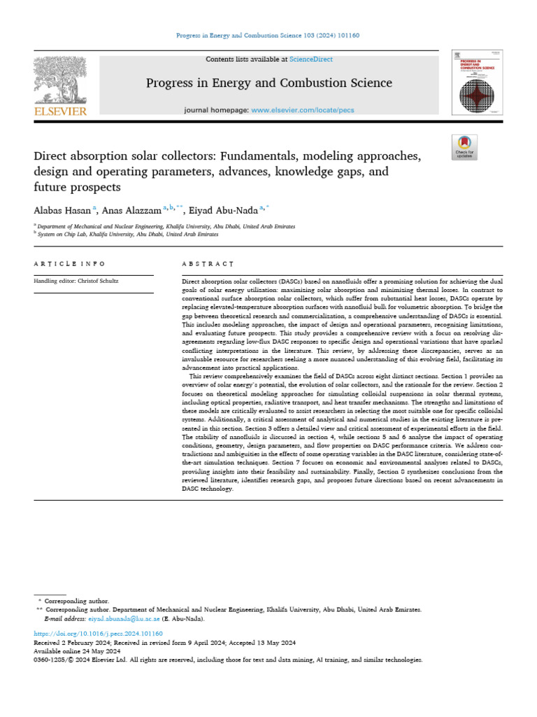 Progress in Energy and Combustion Science: Alabas Hasan, Anas Alazzam ...