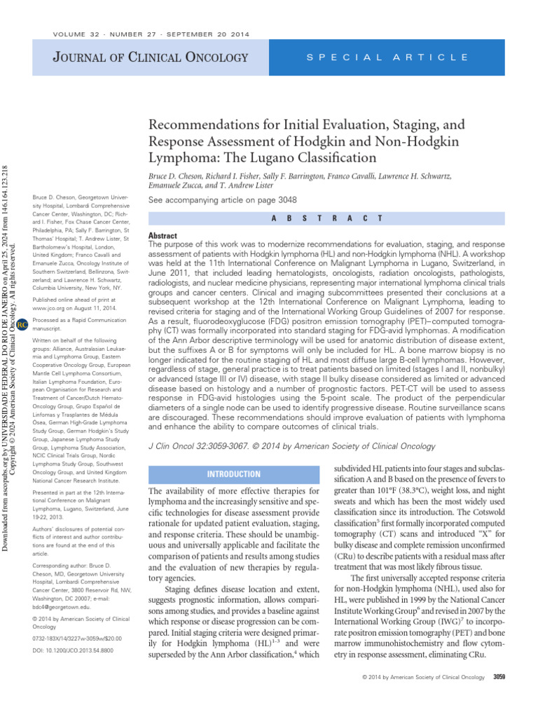 Cheson Et Al 2014 Recommendations for Initial Evaluation Staging and ...