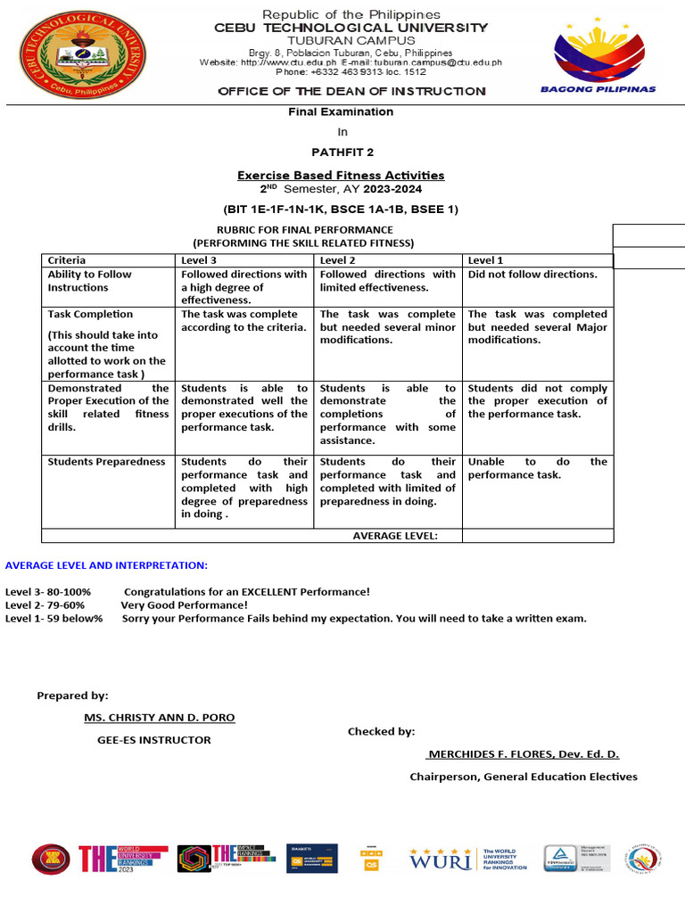 PATHFIT-2-FINAL-EXAMINATION-RUBRICS | PDF | Educational Assessment And Evaluation | Evaluation