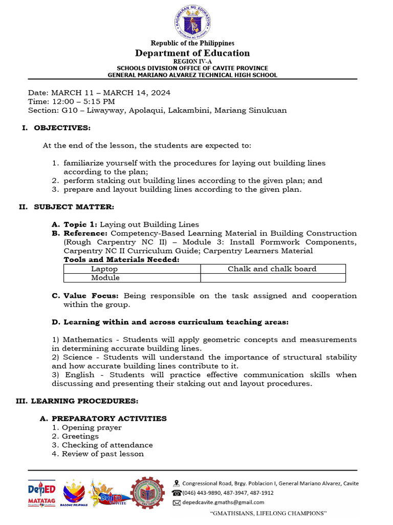 Laying Out Building Lines Lesson Plan | PDF | Personal Protective Equipment