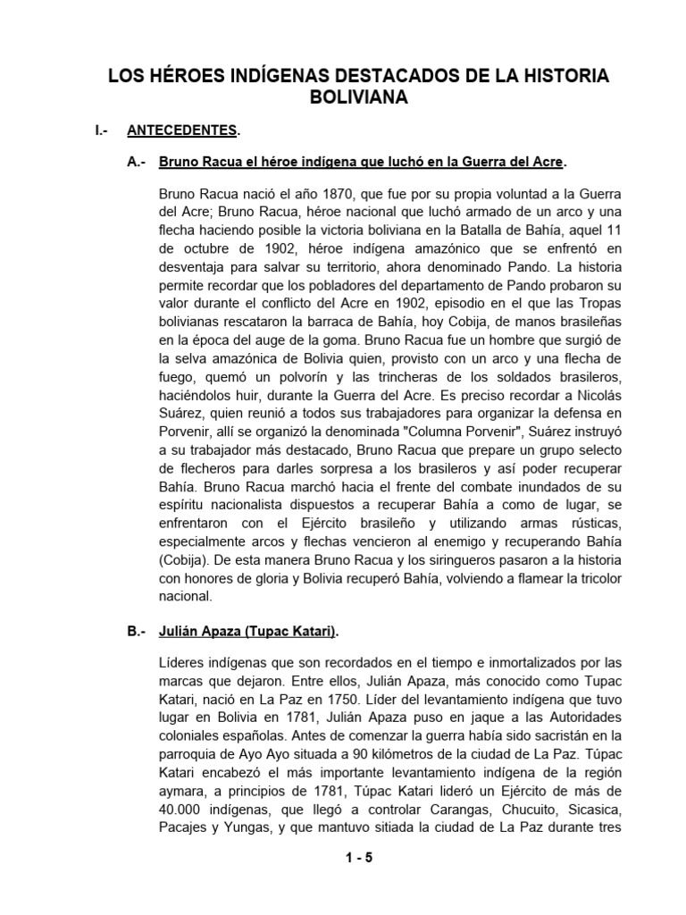 Ensayo Los Héroes Indígenas Destacados de La Historia Boliviana | PDF