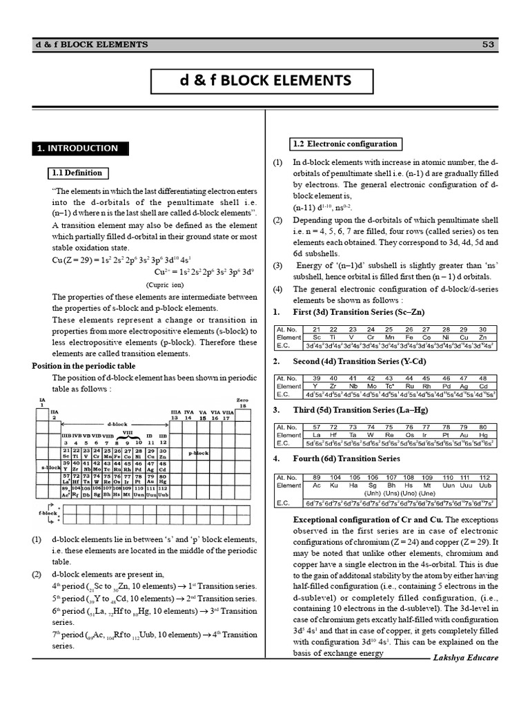 D - F Block Elements 53-110 | PDF | Transition Metals | Electron ...