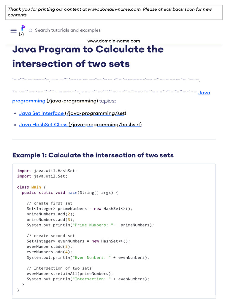 Java Program To Calculate The Intersection of Two Sets | PDF
