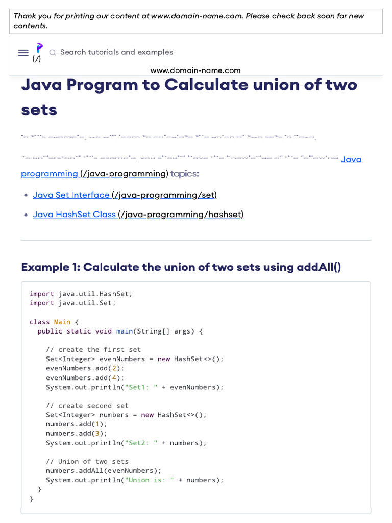 Java Program To Calculate Union of Two Sets | PDF