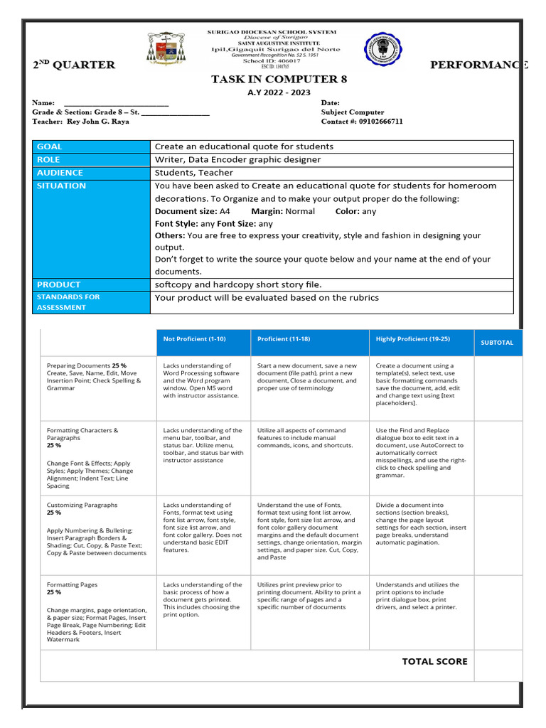 Grade 8 Computer Performance Task | PDF | Paragraph | Document