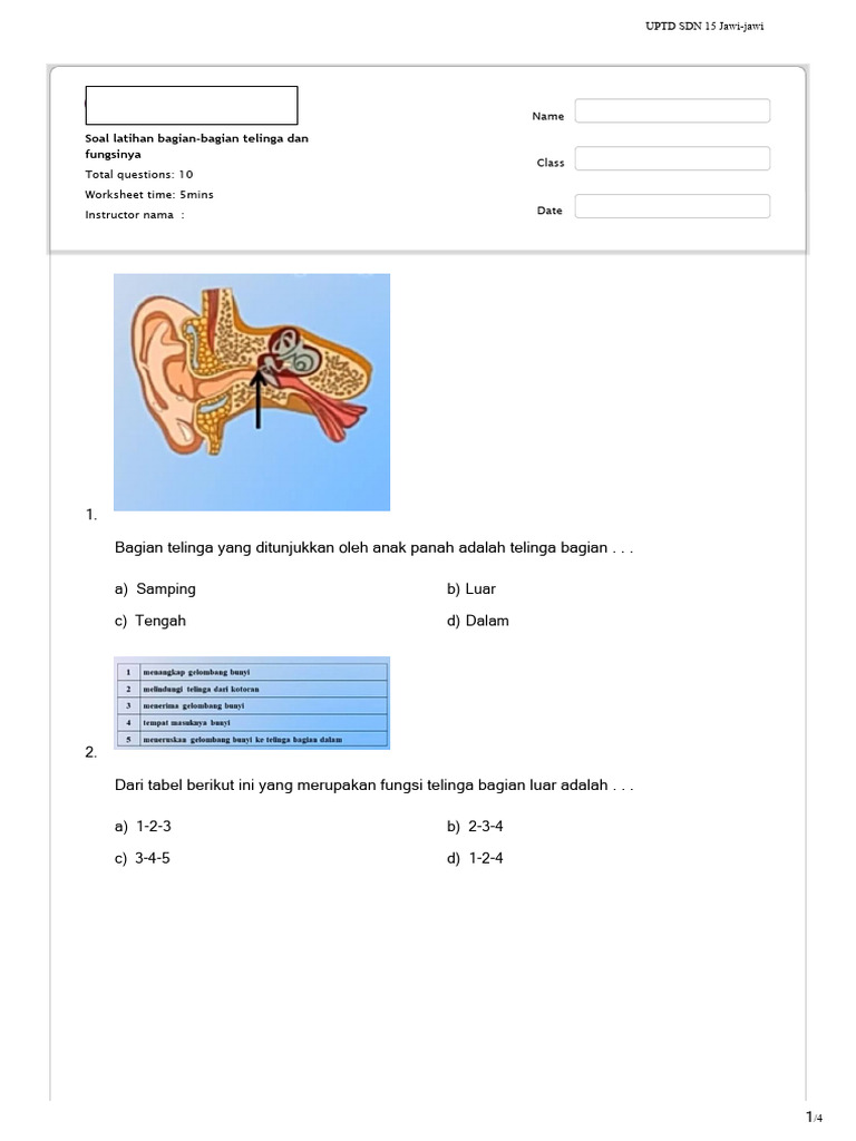 Soal Latihan Bagian-Bagian Telinga Dan Fungsinya - Quizizz | PDF ...